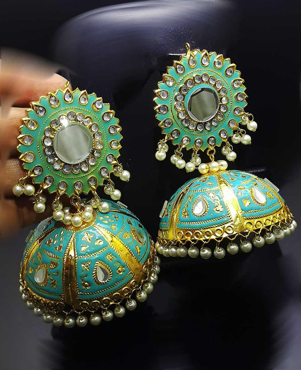 Full moon round colorful meena Jhumkay with handwork and pearls – NATASHAHS